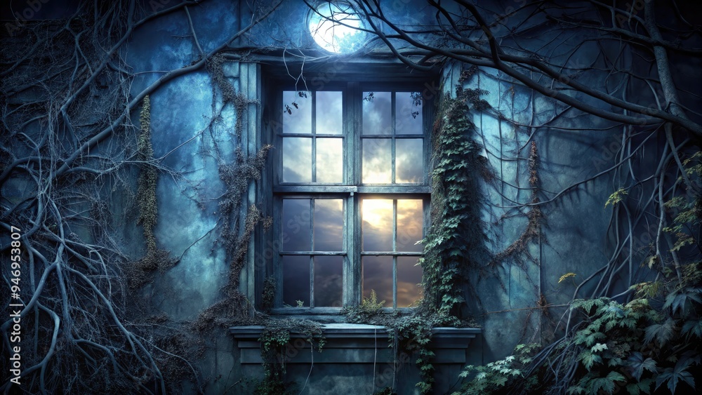Spooky old mansion window with shattered panes and overgrown vines ...