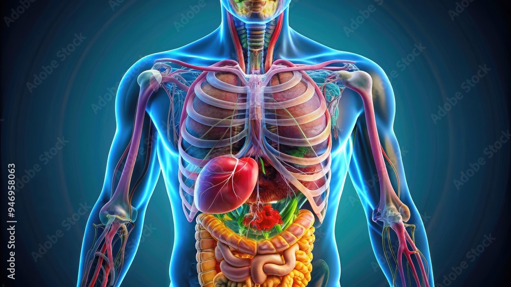 Vibrant 3D illustration of the human torso, showcasing intricately ...