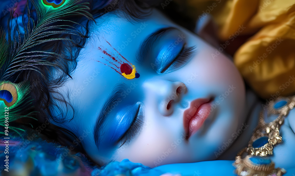 Cute little sleeping baby Krishna with blue skin and peacock feather ...