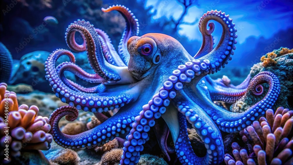 Vibrant blue background showcases an elegantly posed octopus, its eight ...