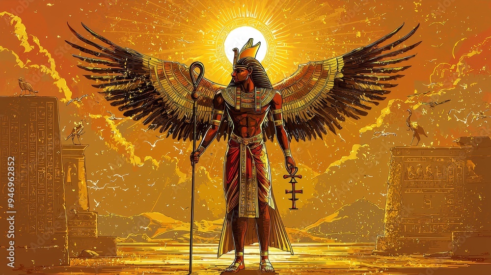 A majestic illustration of Ra, the Egyptian God of the Sun, standing ...