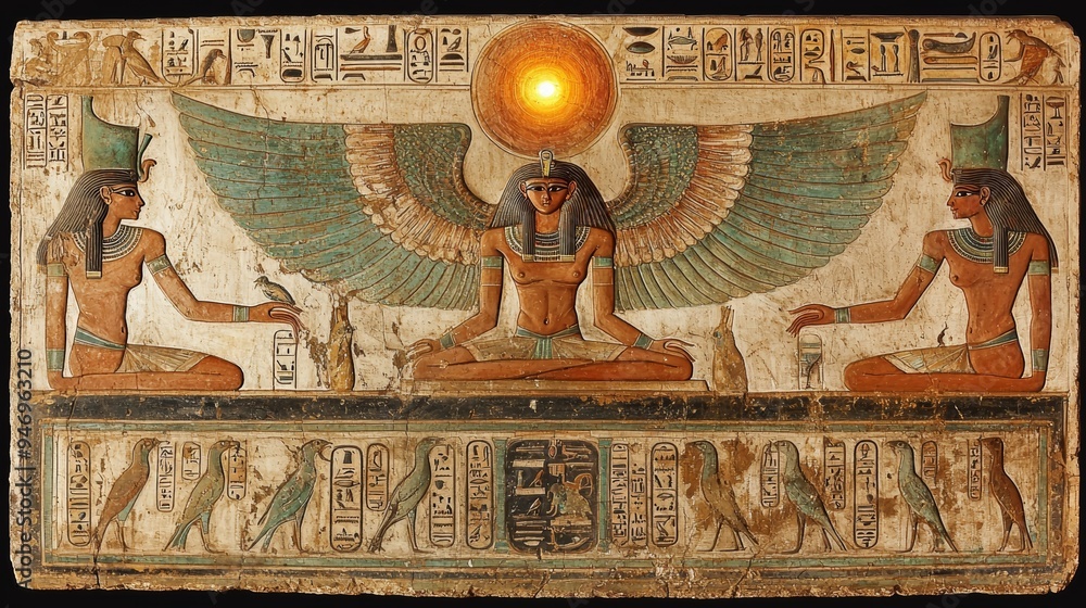 An elegant depiction of Ra seated on his throne in the heavens, with ...