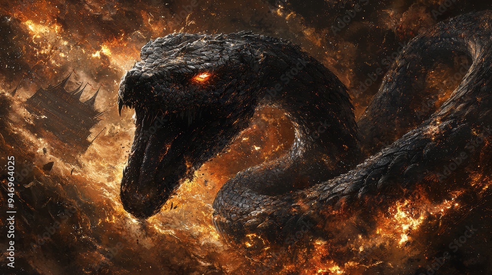 A dramatic illustration of Apophis, the Serpent of Chaos, coiling ...