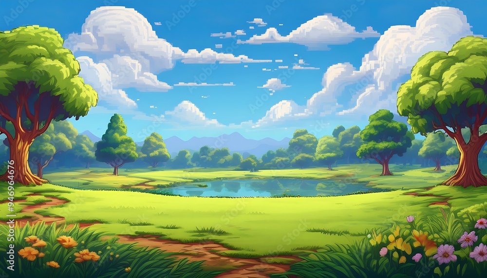 Pixel Art Park Background - pixelated game background showing a park ...