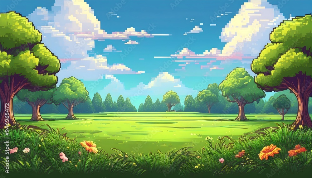 Pixel Art Park Background - pixelated game background showing a park ...
