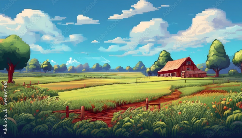 Pixel Art Farm Field - Pixelated game background showcasing a farm ...