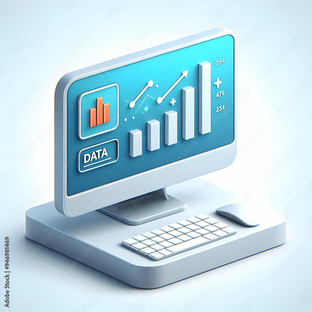 3D Vector of Isolated Computer Screen and Bar Graph with Data Concept - Clean Vector Design of ...