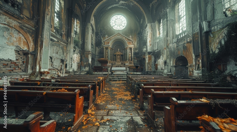 The interior of a weathered and decaying historical church featuring ...