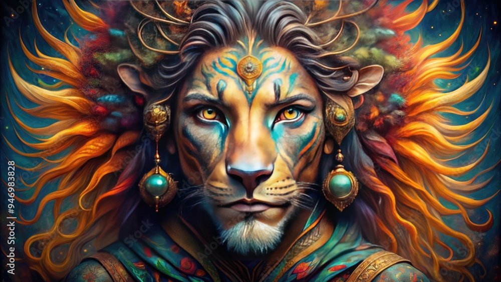 Vibrant, surreal portrait of a humanoid figure with intricate, mystical ...