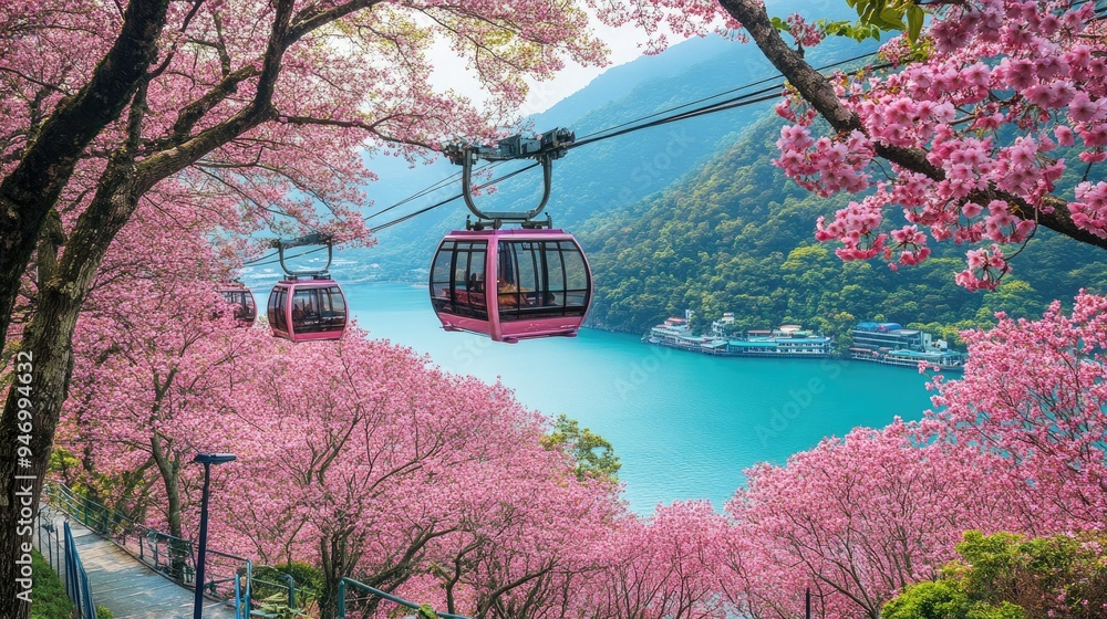 Cable cars soaring over a dense grove of cherry blossoms, connecting ...
