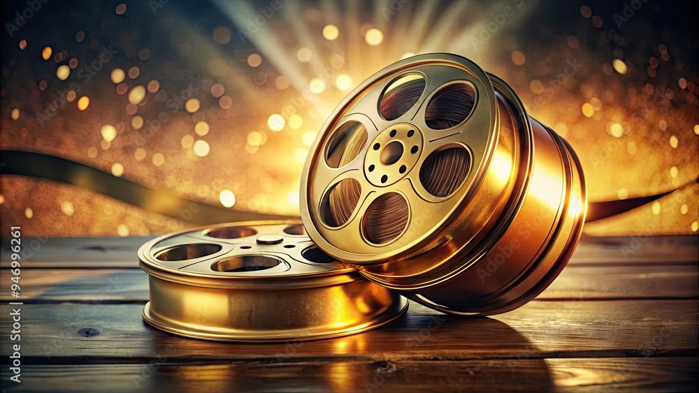 Vintage-style film reel unwraping from a golden metal canister, with ...