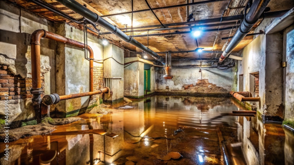 Waterlogged basement scene with puddles, damp walls, and rusty pipes ...