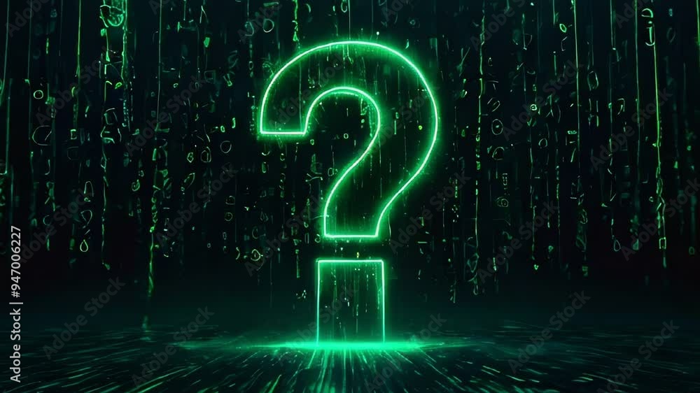 Illuminated question mark amid falling symbols in a futuristic digital ...