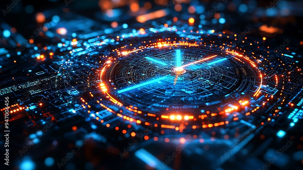 An abstract digital clock set against a background of neon lights and ...