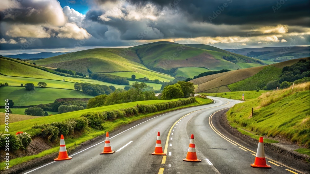 Winding country road splits into two lanes with orange traffic cones ...
