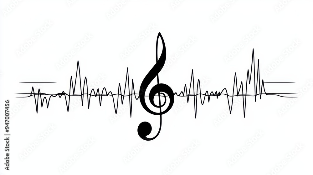 music note in the middle of an ekg rhythm, lineart, black, isolated on ...