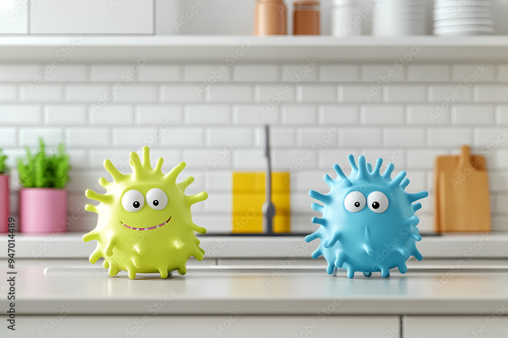 Funny cartoon pathogenic microbes and bacteria in the kitchen. Danger ...