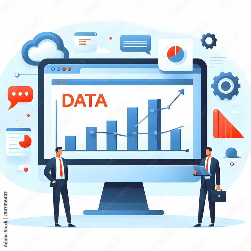 Flat Vector of Isolated Computer Screen and Bar Graph with Data Concept ...