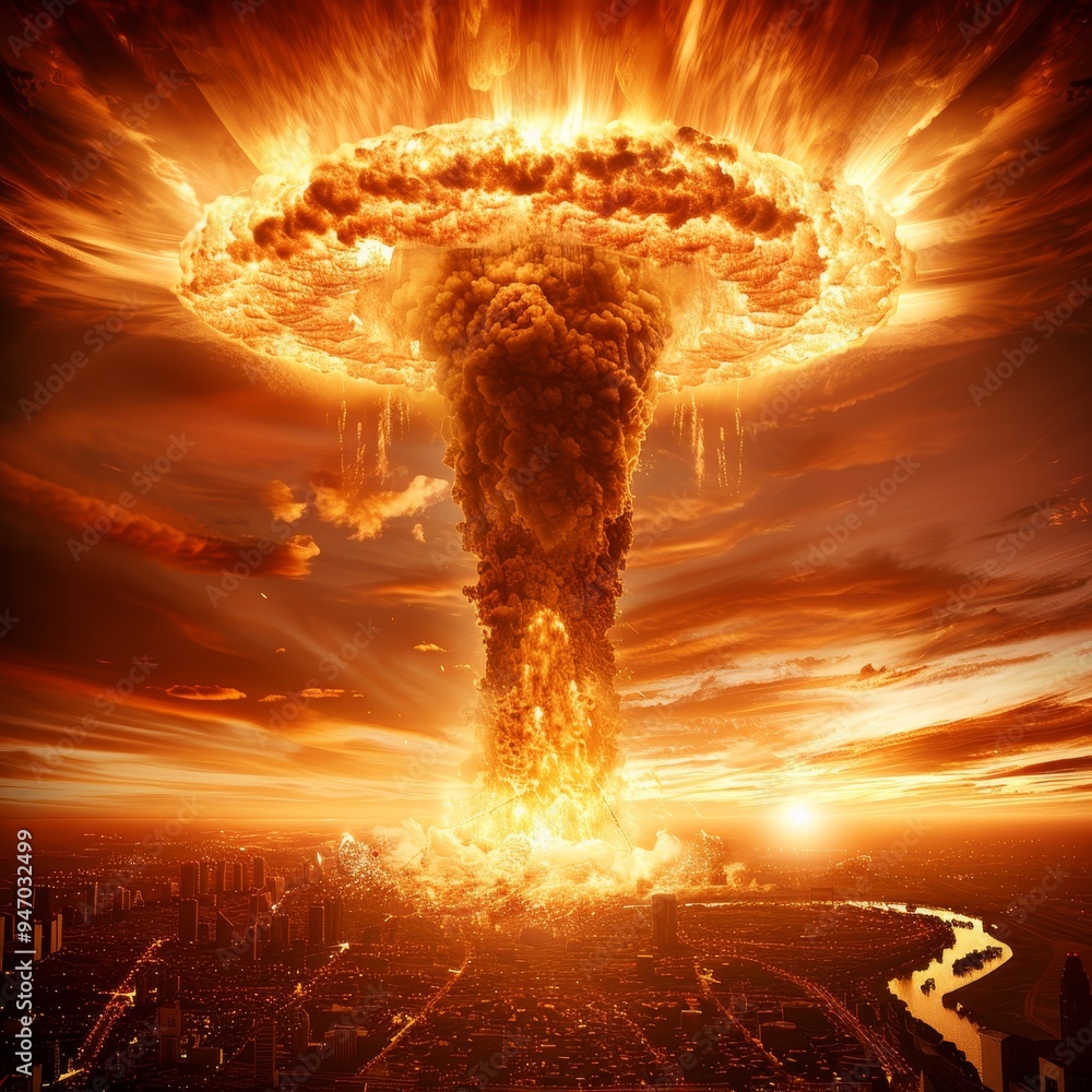 A massive fireball and shockwave devastate a city in a nuclear ...