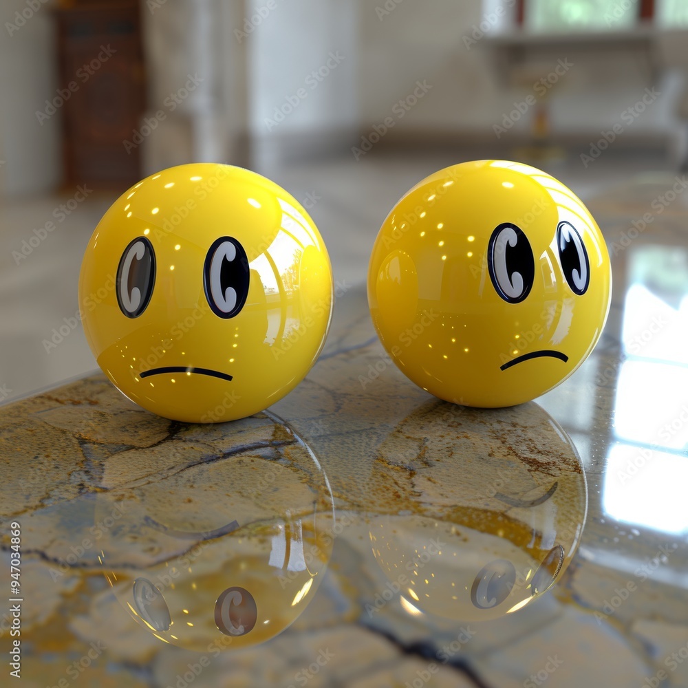 Two glossy yellow emoji balls with sad faces placed together on a ...