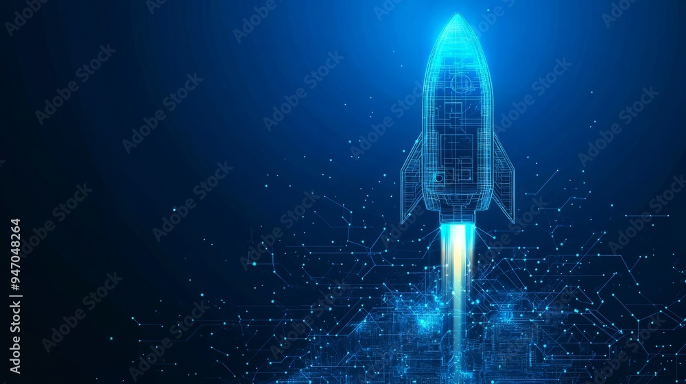 Abstract digital rocket, light CPU processor on technology blue ...