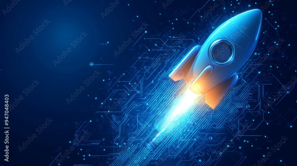 Abstract digital rocket, light CPU processor on technology blue ...