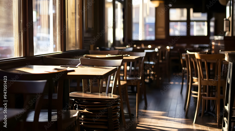 Empty restaurant interior during pandemic closure, chairs stacked on ...