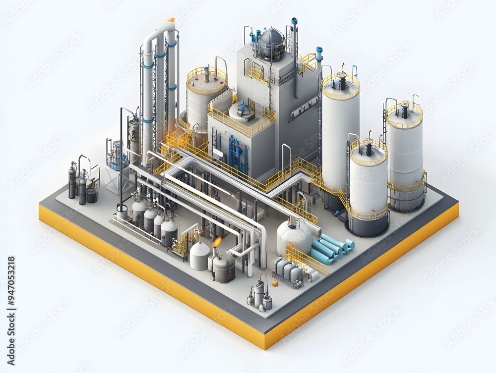 Detailed depicting a centralized chemical factory with a complex of ...