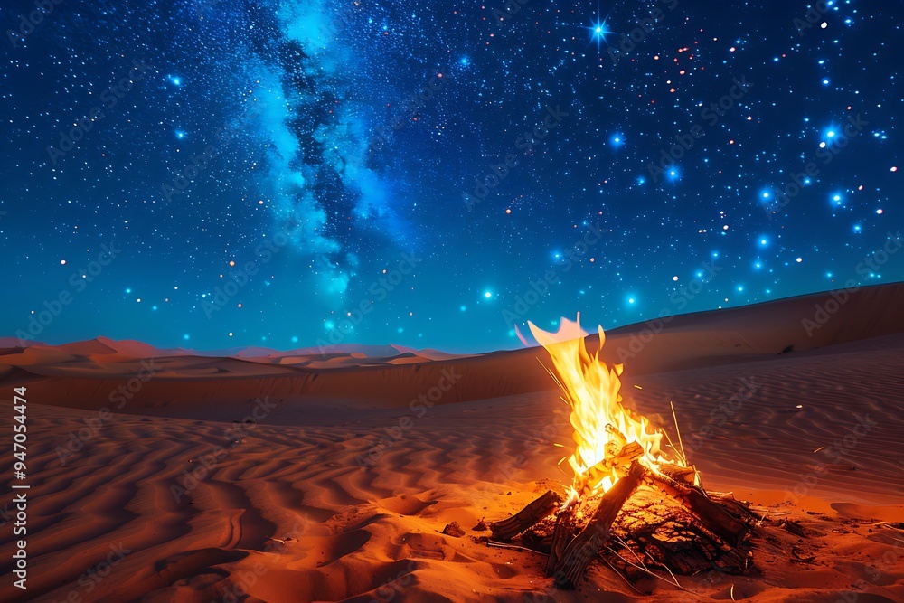 Campfire in the Saudi Arabian desert with a blue night sky filled with ...