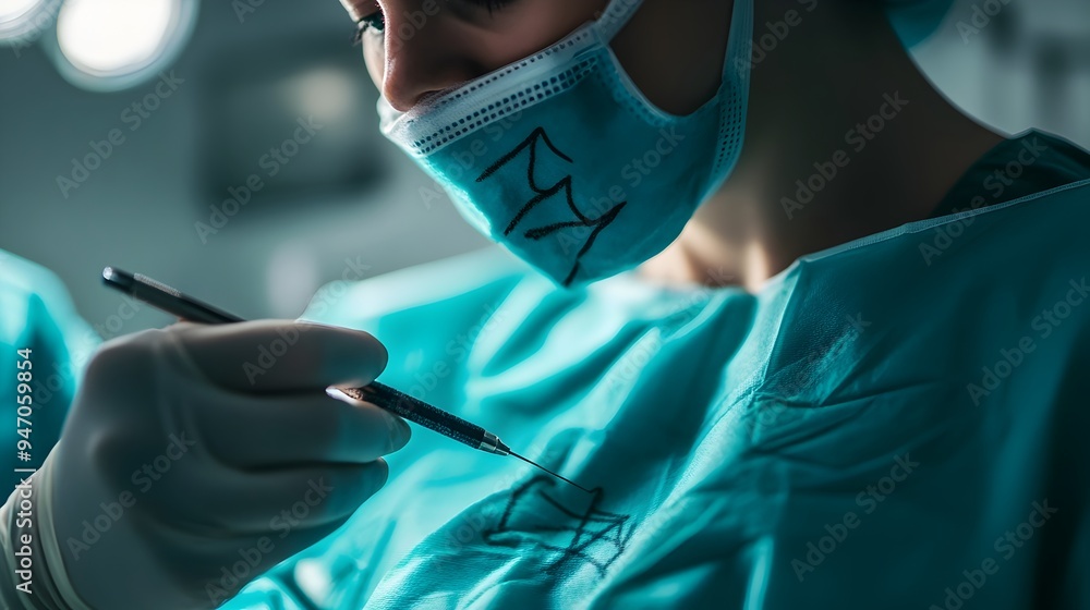 Closeup view of a surgeon or medical professional carefully drawing pre ...