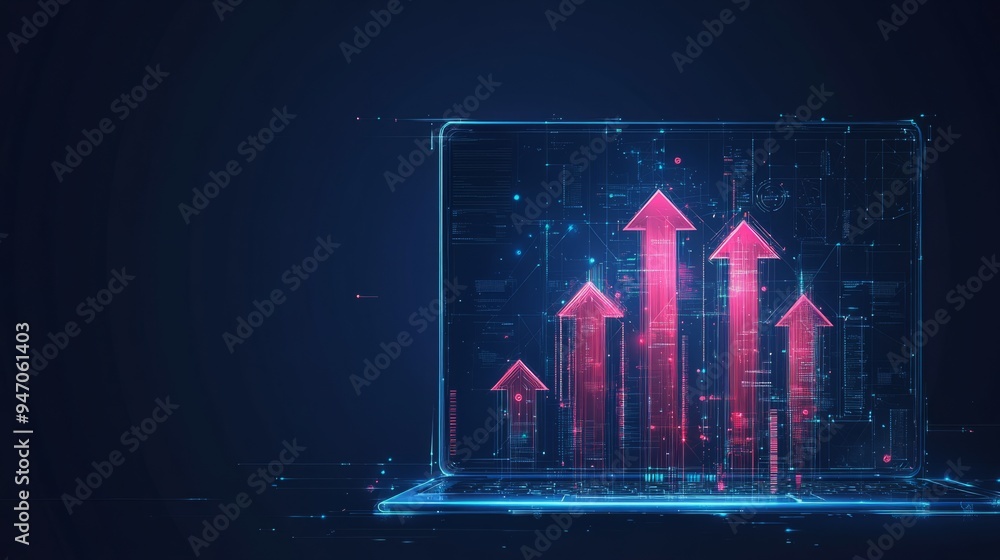 Abstract high speed growth up arrows on a laptop screen. Fast internet ...