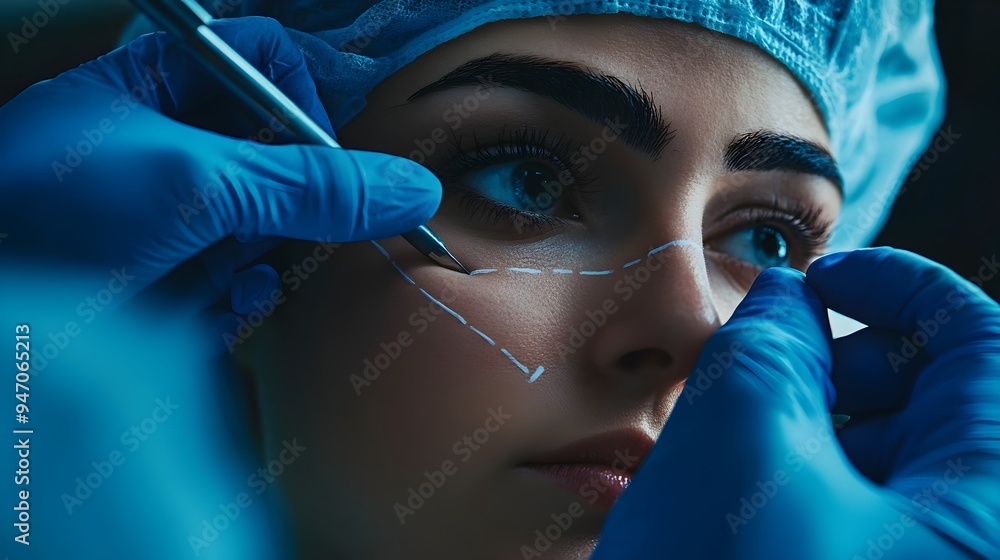 Close up view of a surgeon drawing guidelines and markings on a patient ...