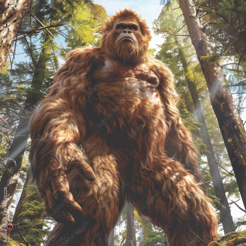 Bigfoot, the legendary ape-like creature, stands tall in the dense ...