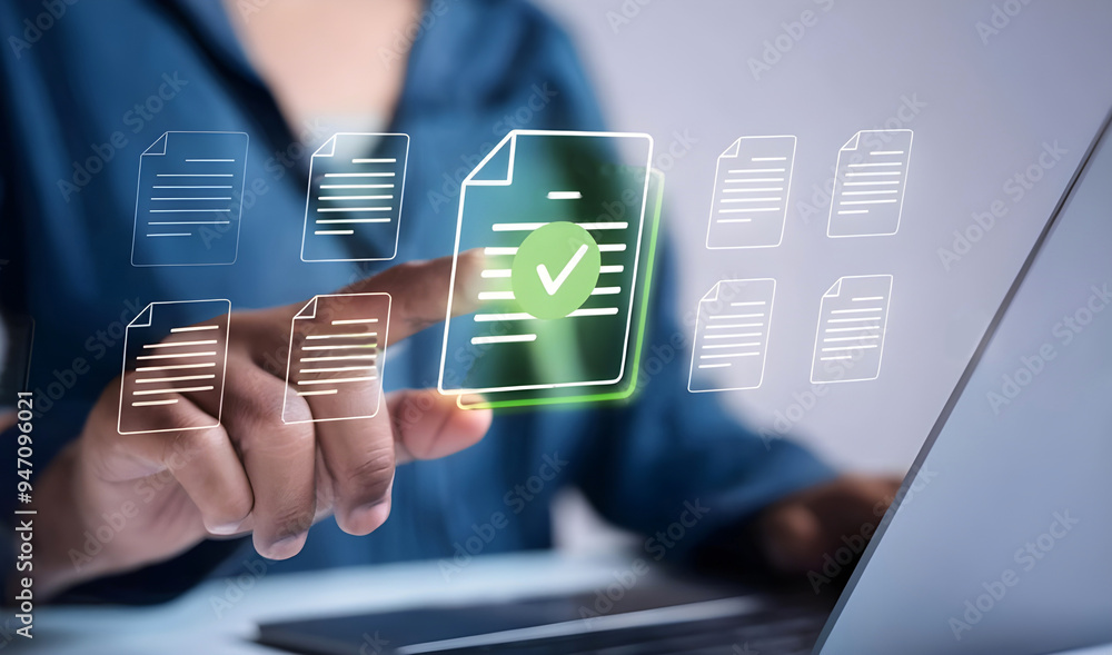 Document management concept. Person use laptop to paperless online ...