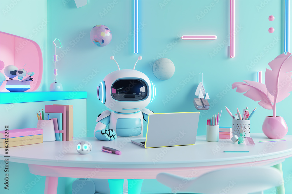 Cute Artificial intelligence machine futuristic teacher humanoid robot ...