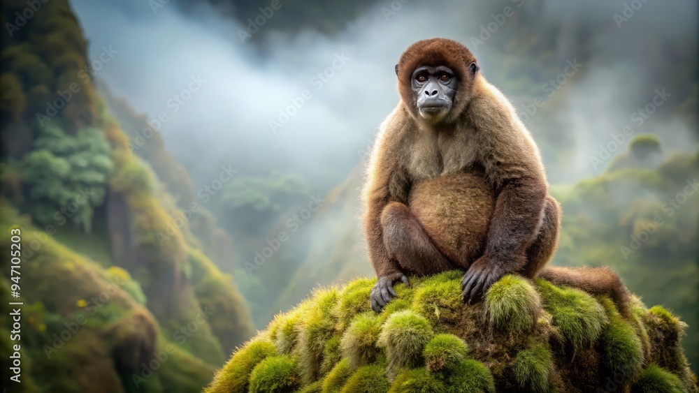 A majestic Woolly Monkey sits atop a misty mountain, its fluffed fur ...