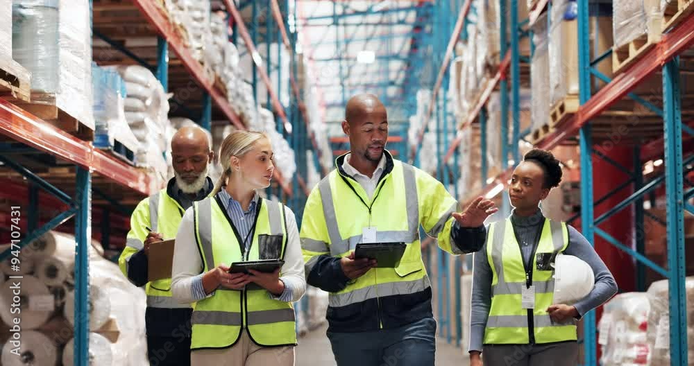 Logistics, people and tablet in warehouse for inspection training ...