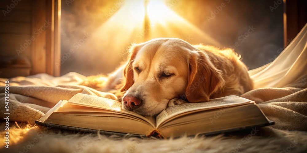 As morning sunbeams warm her cozy nest, a bookworm pup snuggles up with ...