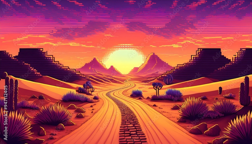 Pixelated Desert Road with Sun Setting Behind Sand Dunes - a pixel art ...