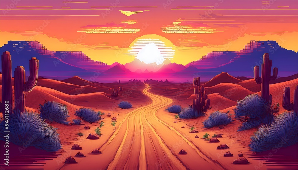 Pixelated Desert Road with Sun Setting Behind Sand Dunes - a pixel art ...