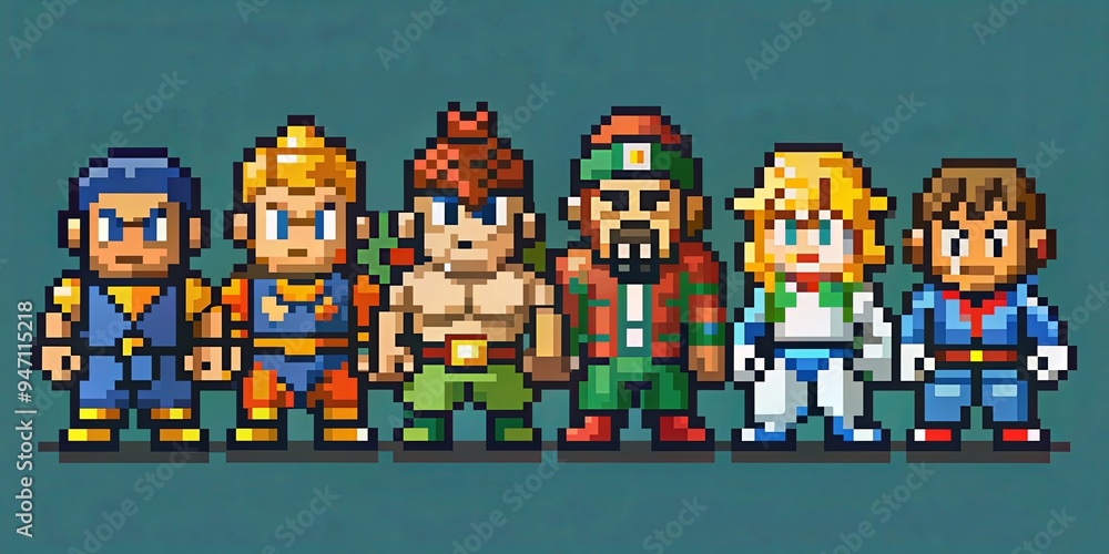 8bit pixel art characters in a retro video game style, featuring ...