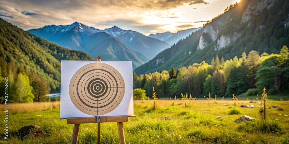 Paper target with nature background in a shooting range surrounded by ...