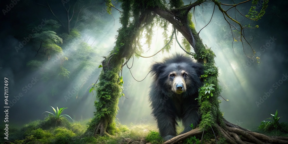 Ethereal serenity unfolds in the moonlit forest glade where a sloth ...
