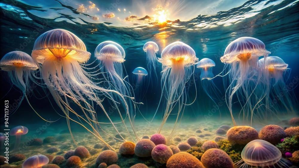 Ethereal tendrils dance in gradient hues, bioluminescent bodies glowing ...