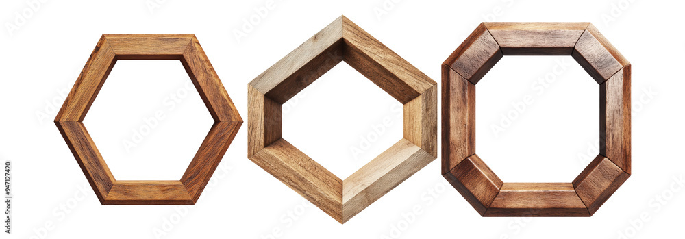 Geometric wooden frames set isolated on transparent background, hexagon ...