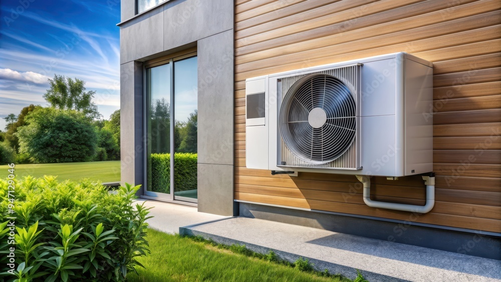 High-tech air conditioning unit on the exterior of a modern house, high ...