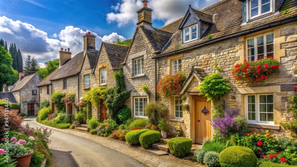Idyllic old English village street with charming stone cottages and ...