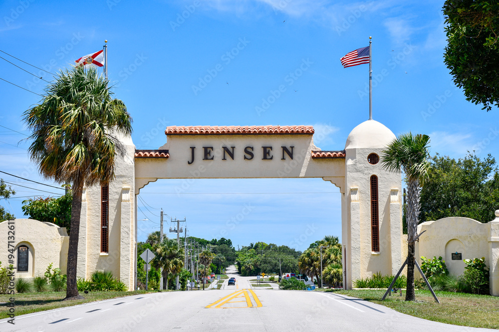 Jensen Welcome Arch sign spanning across the road in between the towns ...