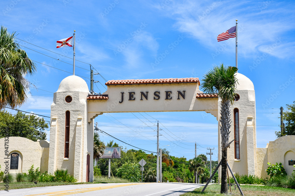 Jensen Welcome Arch sign spanning across the road in between the towns ...