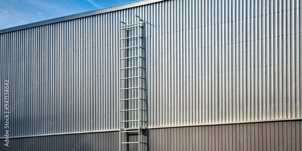 Steel ladder attached to the side of a grey industrial building wall ...